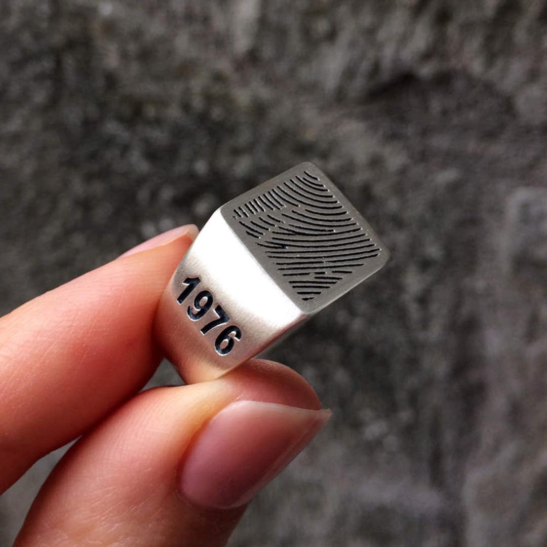 Personalized Fingerprint Signet Ring in Sterling Silver Metal, Custom ...