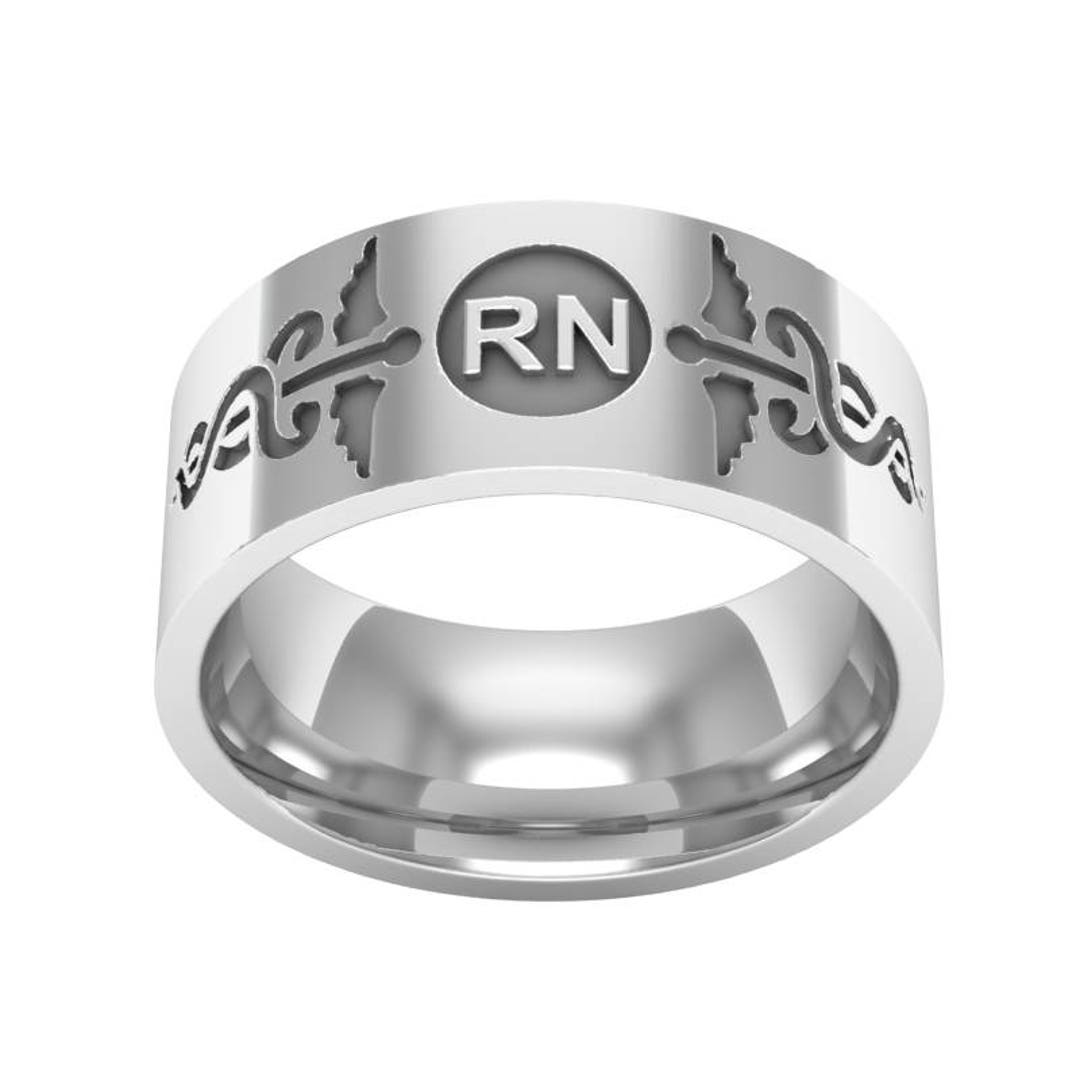 RN Registered Nurse Silver Band Ring, Medical Ring, Caduceus Band Ring ...