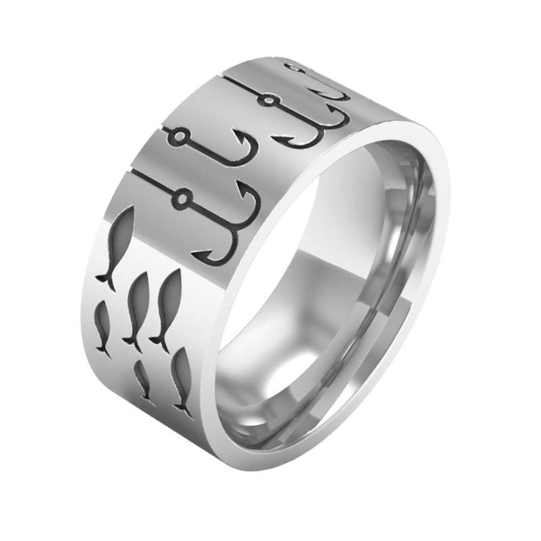 Fishing Band Ring in Sterling Silver Metal, Fish Band Ring, Fish Hook ...