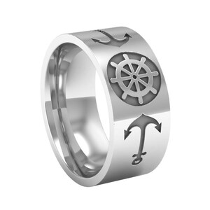 Nautical Band Ring in Sterling Silver Metal, Anchor Band Ring, Rudder ...