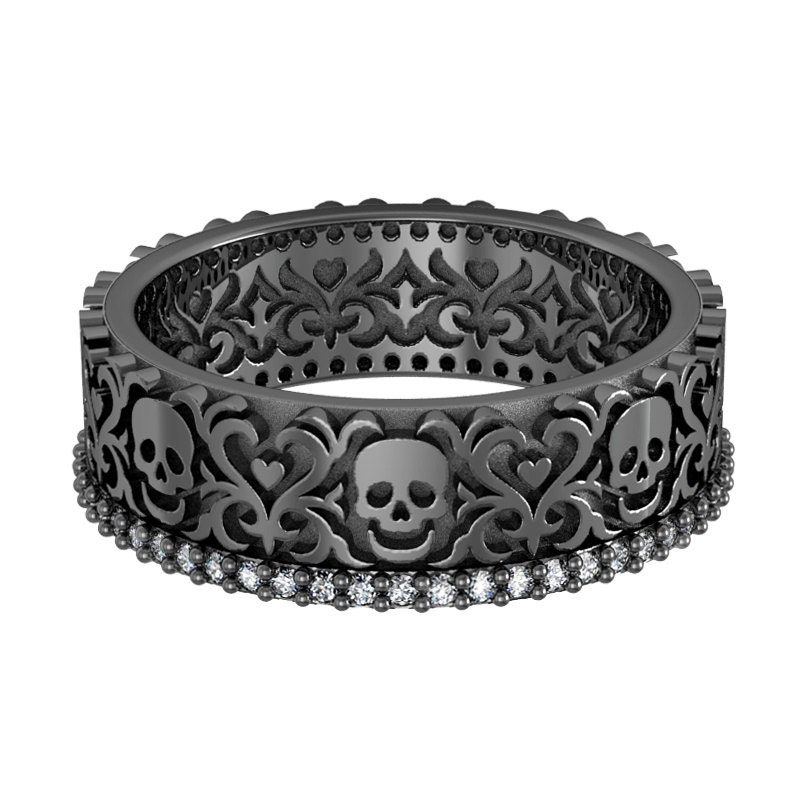 14K Solid Gold Black Wedding Ring With Diamond Skull Wedding | Etsy
