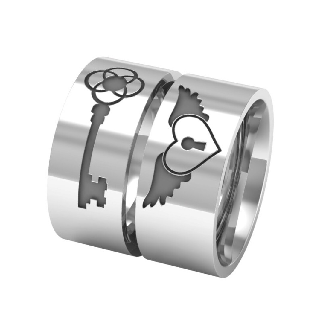 Key and Lock Couple Ring in Sterling Silver Metal Heart Lock - Etsy