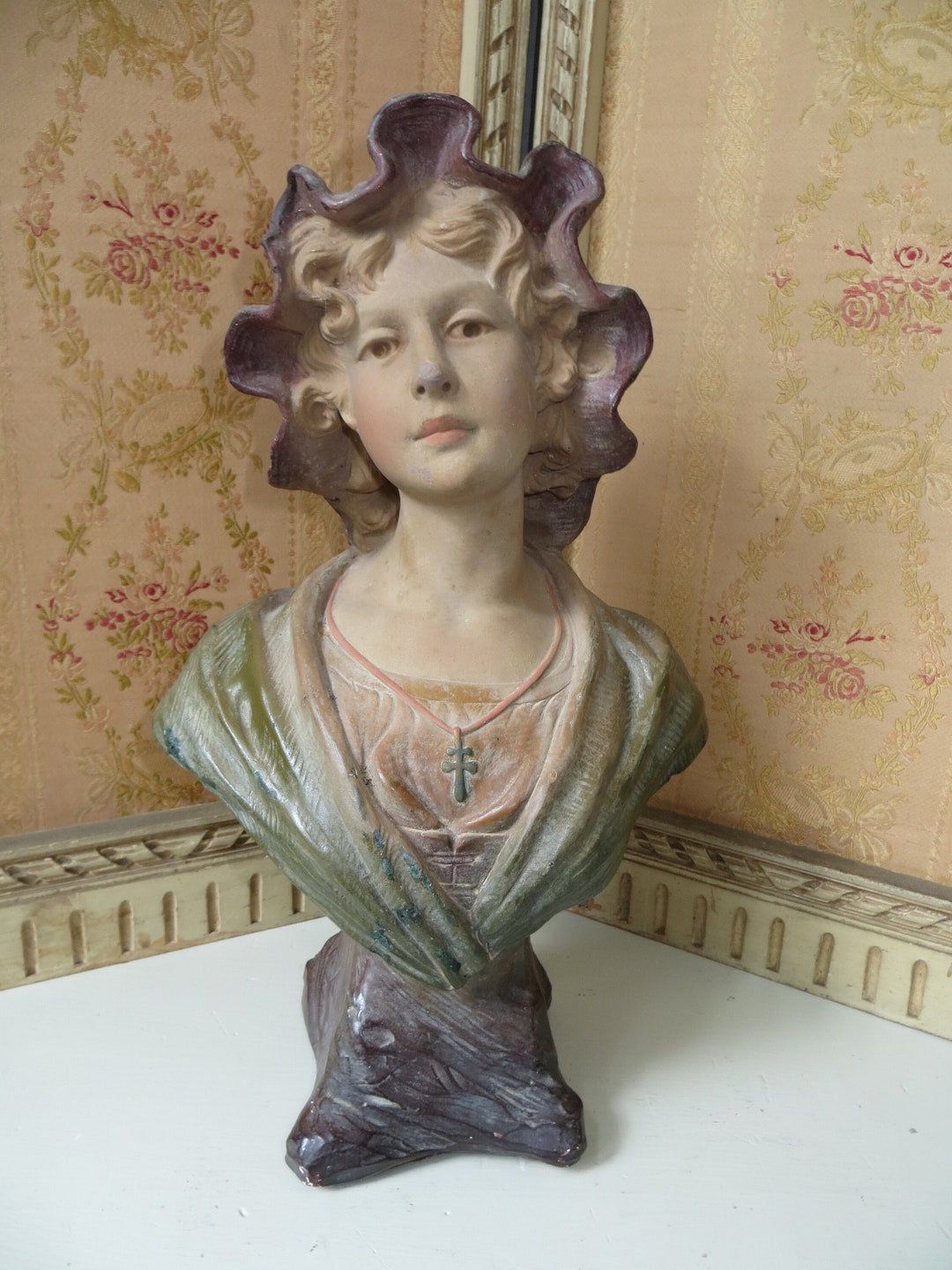 Stunning Antique French Plaster Bust/ Country Maiden in Bonnet/ Circa ...