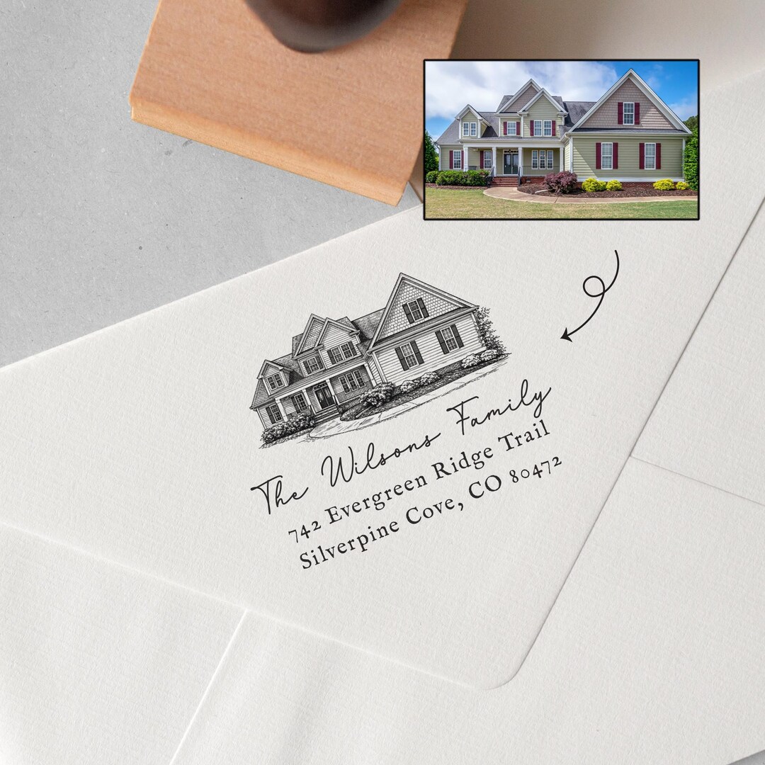 Home Address Stamp With Custom House Illustration, Wooden or Self ...