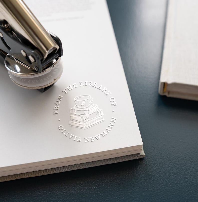 Custom Book Embosser With Books and Teacup Design - Etsy