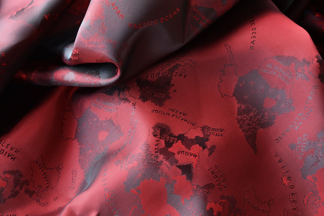 Dark Red World Map Lining Fabric Jacquard / Ships From USA Sold by Yard ...