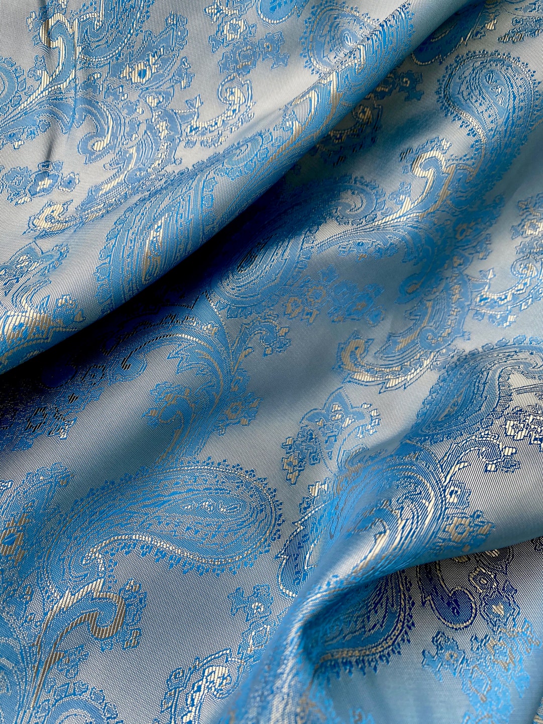 Blue Gold Paisley Lining Fabric Jacquard / Ships From USA Sold by Yard ...