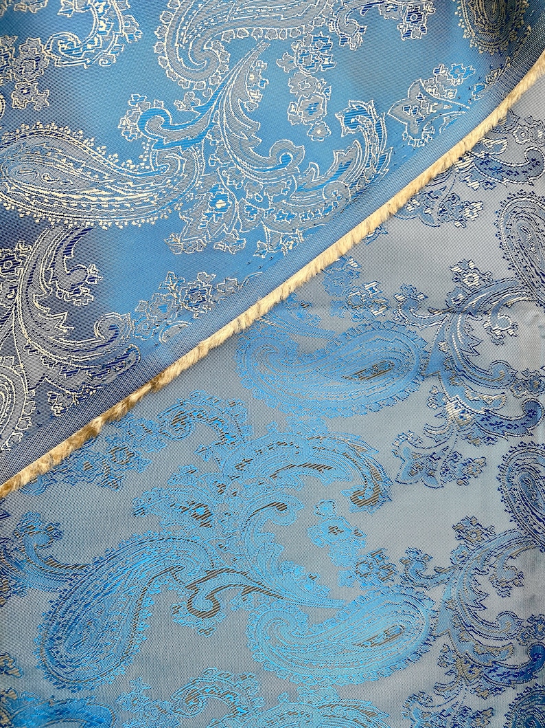Blue Gold Paisley Lining Fabric Jacquard / Ships From USA Sold by Yard ...