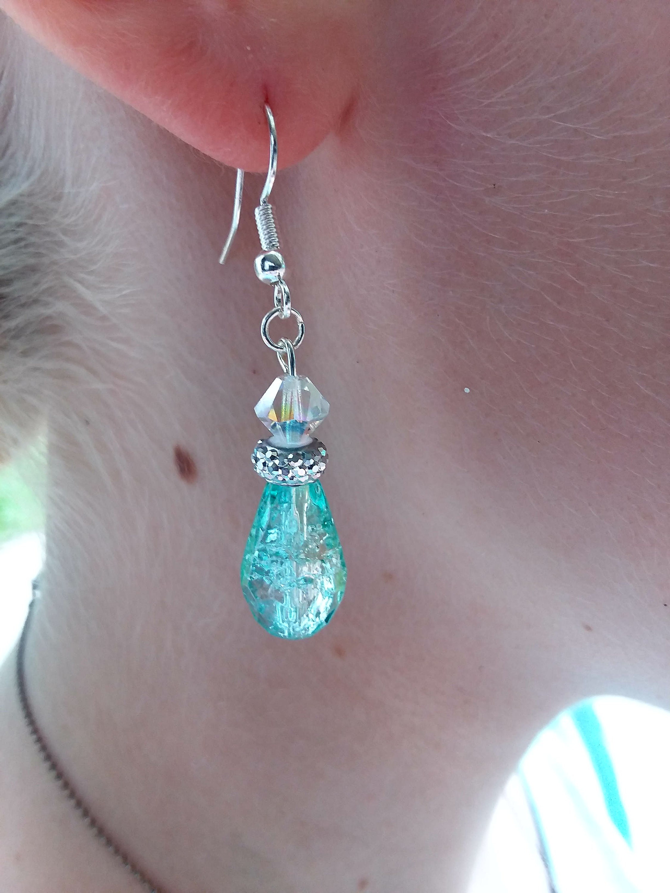Silver & Teal Glass Bead Tear Drop Earrings, Teal Bead Earrings, Aqua ...