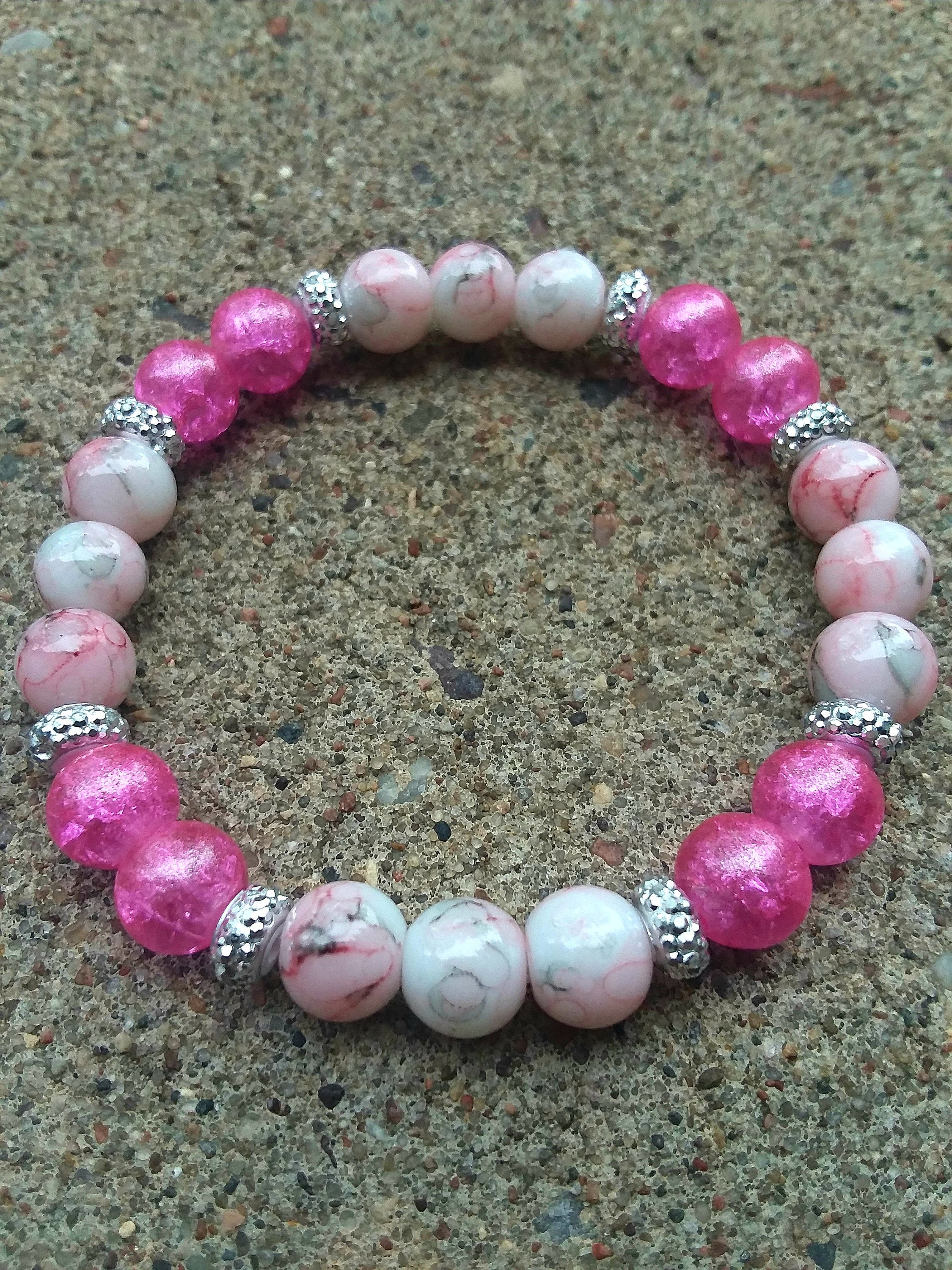 Marbled & Pink Bead Stretch Bracelet, Pink Bead Bracelet, Beaded ...