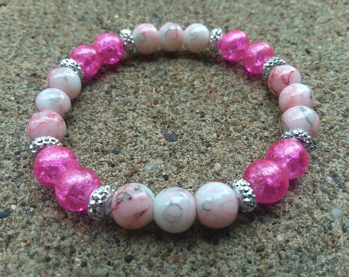 Marbled & Pink Bead Stretch Bracelet, Pink Bead Bracelet, Beaded ...