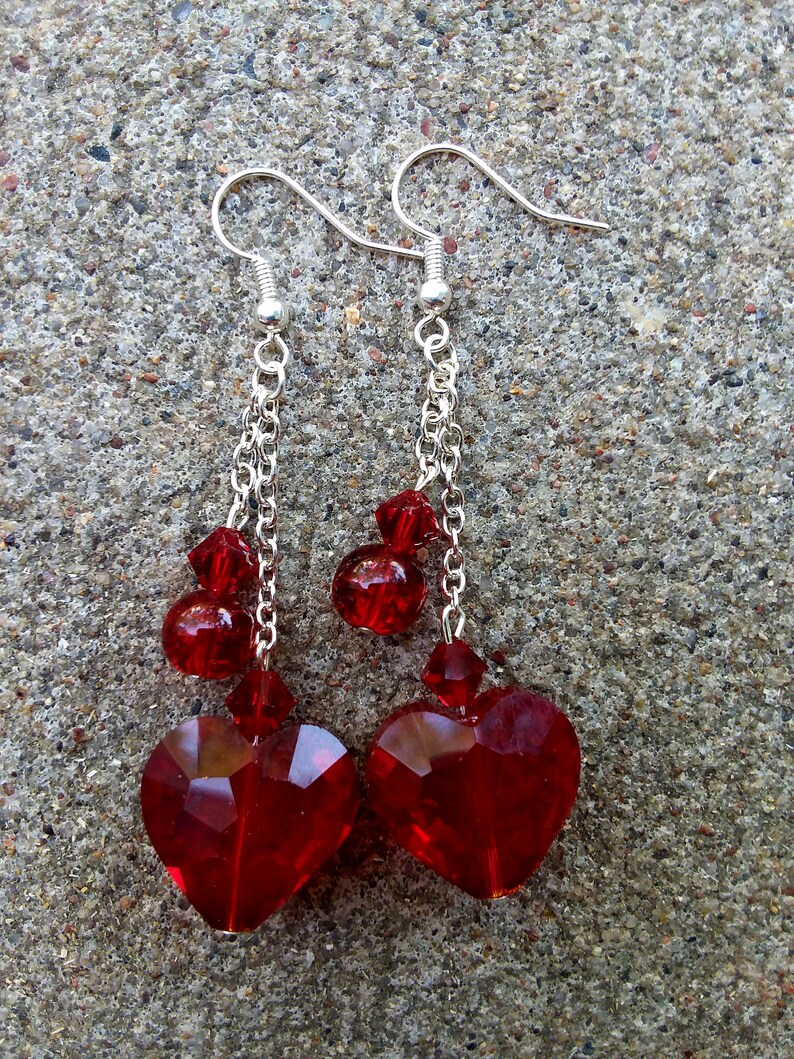 Red Heart & Bead Dangle Earrings, Red Bead Earrings, Red Heart Earrings ...
