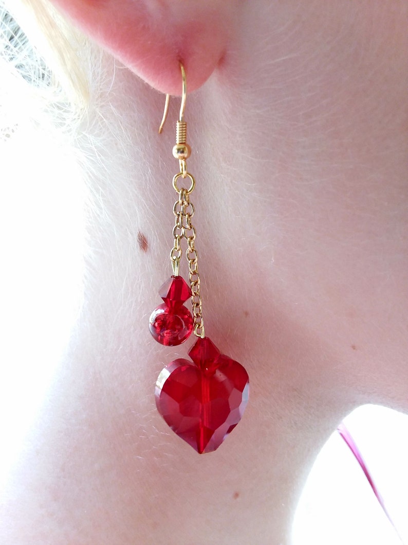 Red Heart & Bead Dangle Earrings, Red Bead Earrings, Red Heart Earrings ...