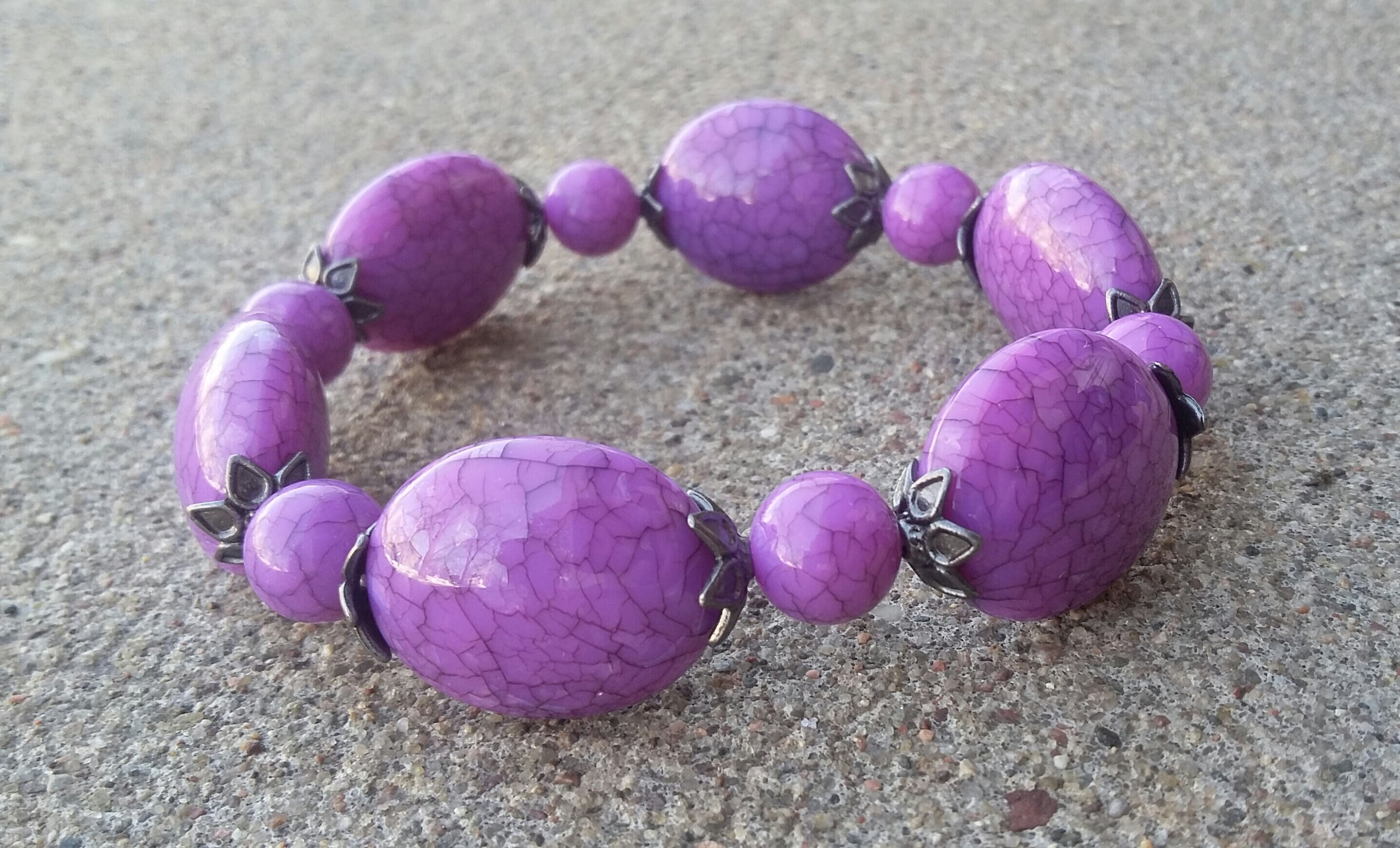 Purple Crackled Style Large Bead Stretch Bracelet, Purple Bead ...
