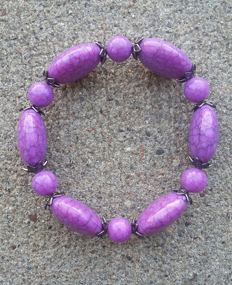 Purple Crackled Style Large Bead Stretch Bracelet, Purple Bead ...