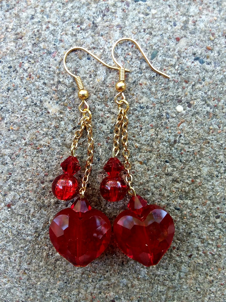 Red Heart & Bead Dangle Earrings, Red Bead Earrings, Red Heart Earrings ...