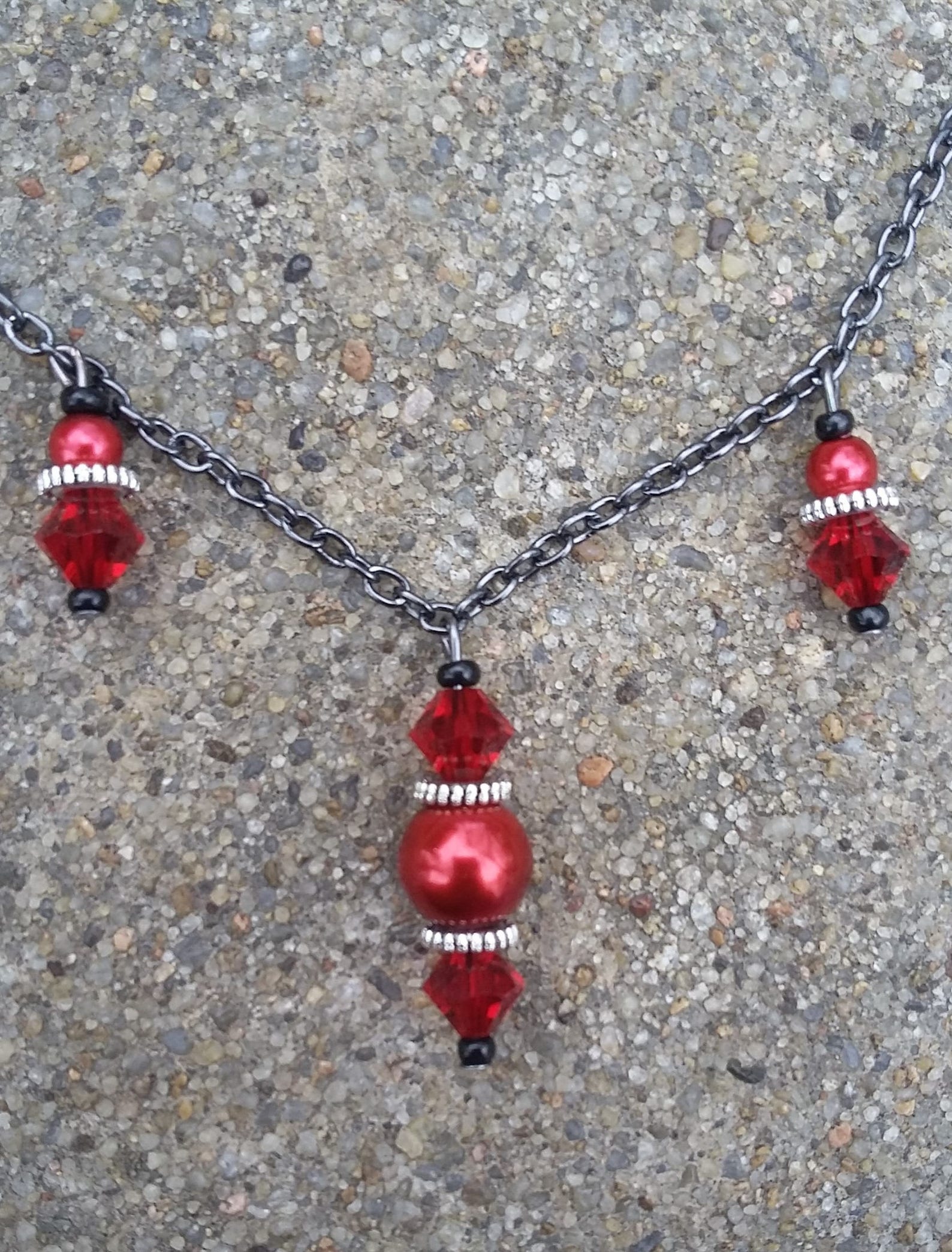 Handmade Red Crystal & Bead Dangle Necklace W/ Black Chain, Red Dangle ...