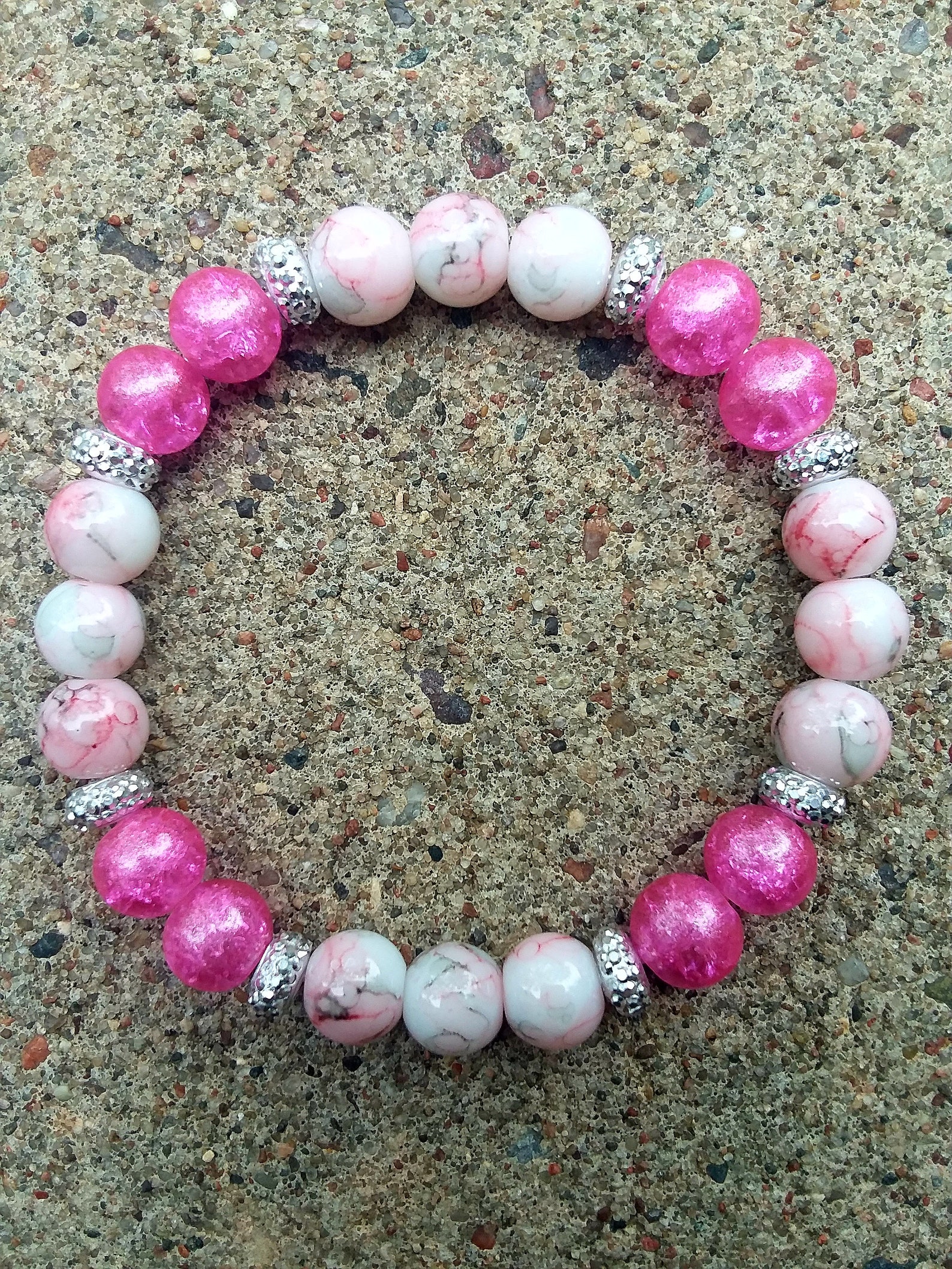 Marbled & Pink Bead Stretch Bracelet, Pink Bead Bracelet, Beaded ...