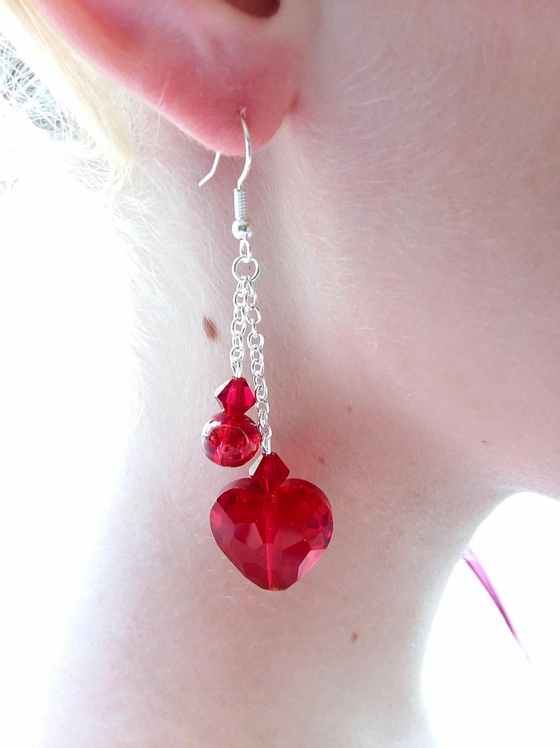 Red Heart & Bead Dangle Earrings, Red Bead Earrings, Red Heart Earrings ...