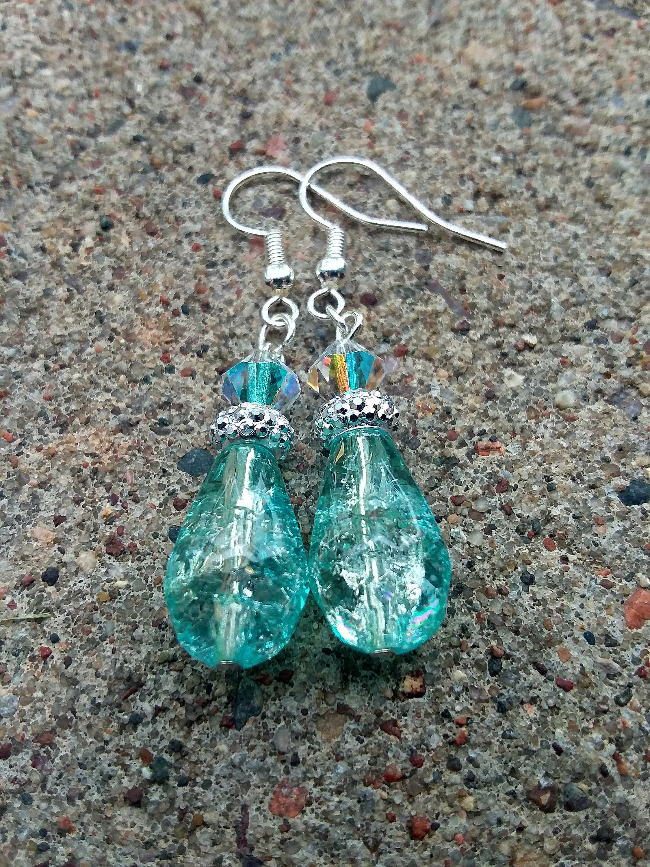 Silver & Teal Glass Bead Tear Drop Earrings, Teal Bead Earrings, Aqua ...