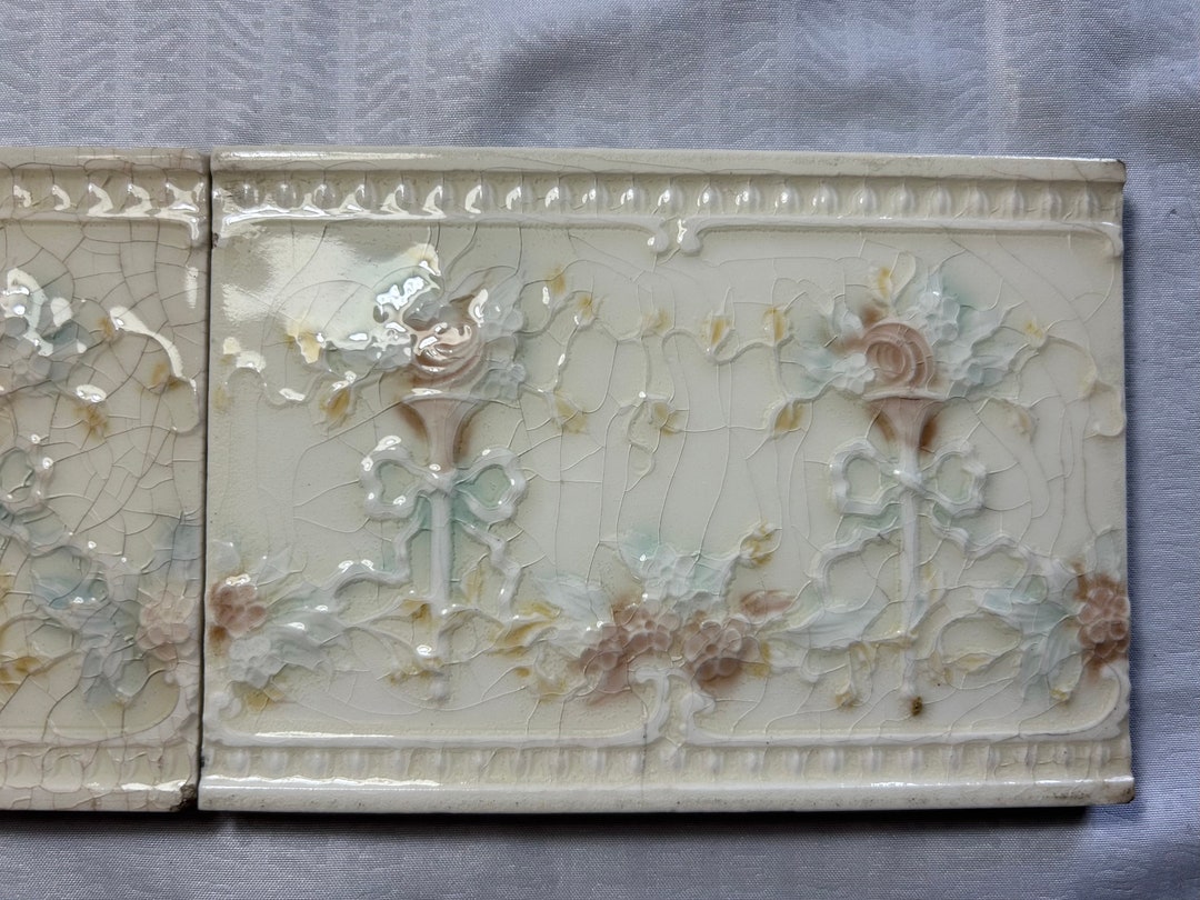 Lot of 3 Antique Providential Tile Works 6x4.25 Victorian Border Tiles ...