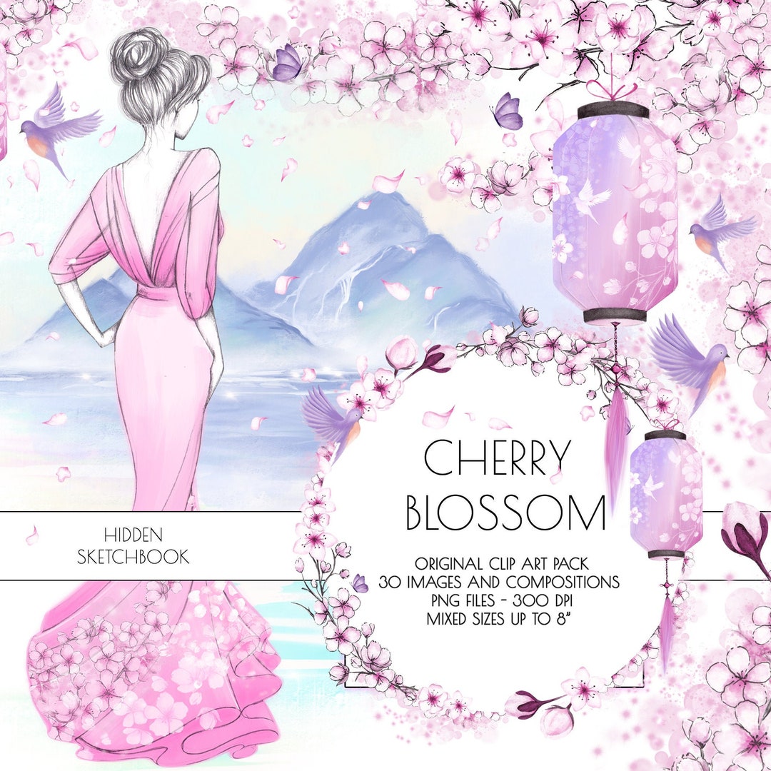 Cherry Blossom Clip Art Spring Pink Floral Watercolour Landscape ...