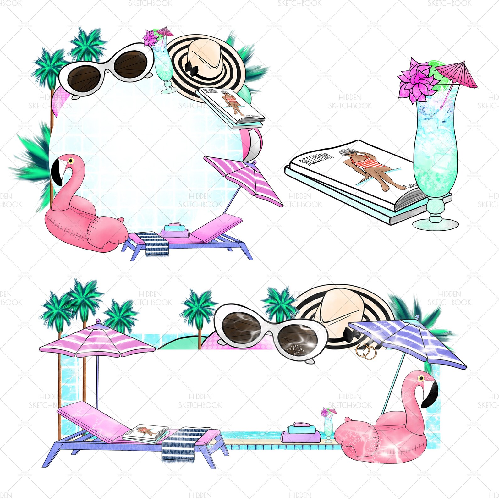 Poolside Vibes Clip Art Summer Pool Party Sun Bed Graphics Hand Drawn ...