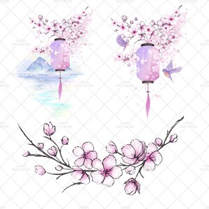 Cherry Blossom Clip Art Spring Pink Floral Watercolour Landscape ...