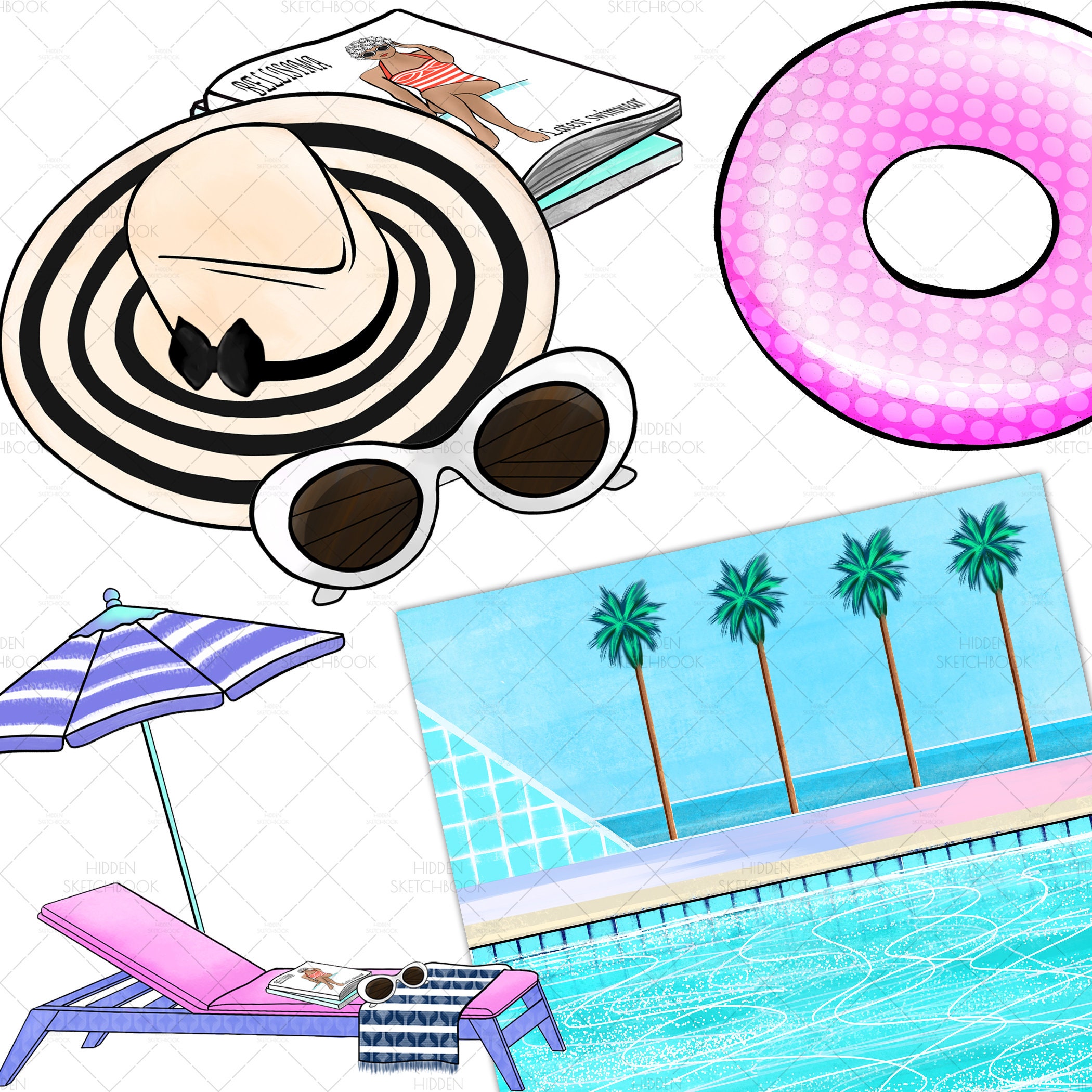 Poolside Vibes Clip Art Summer Pool Party Sun Bed Graphics Hand Drawn ...