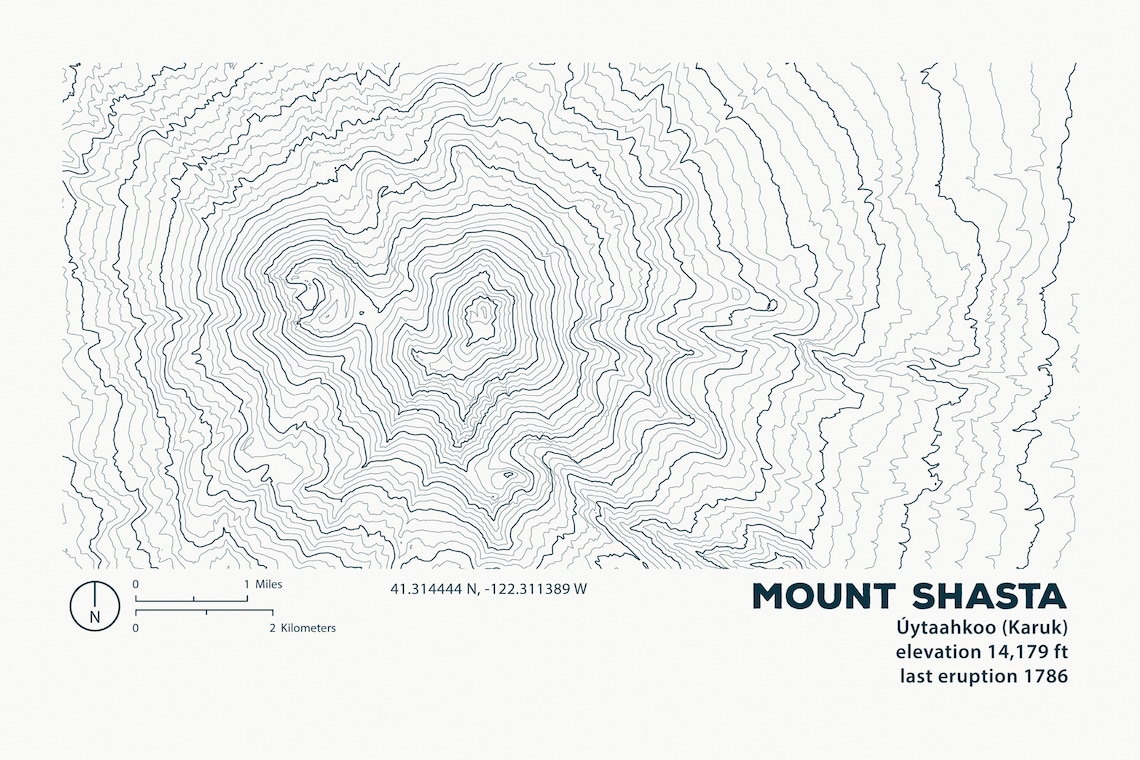 Mount Shasta Topographic Map Print / Map Wall Art / Uytaahkoo - Etsy