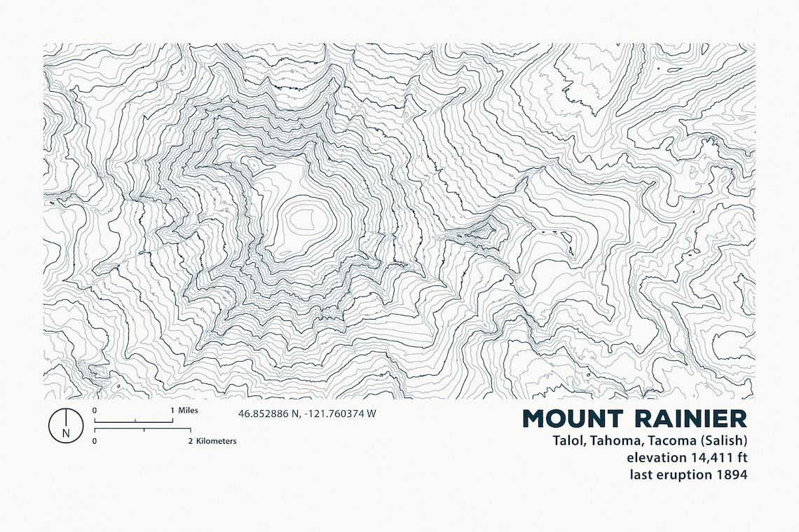 Mount Rainier Topographic Map Print / Map Wall Art / Tahoma / GIS Art ...