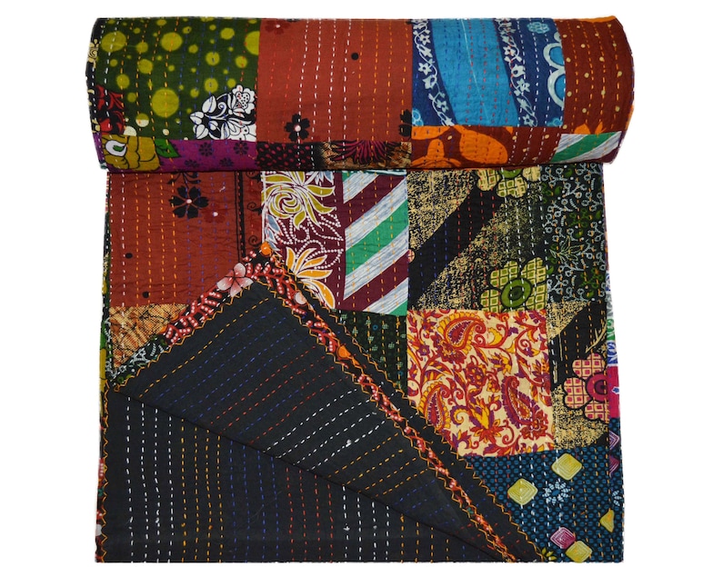 Patchwork Handmade Kantha Quilt, Cotton Bed-cover, Bedspread, Blanket ...