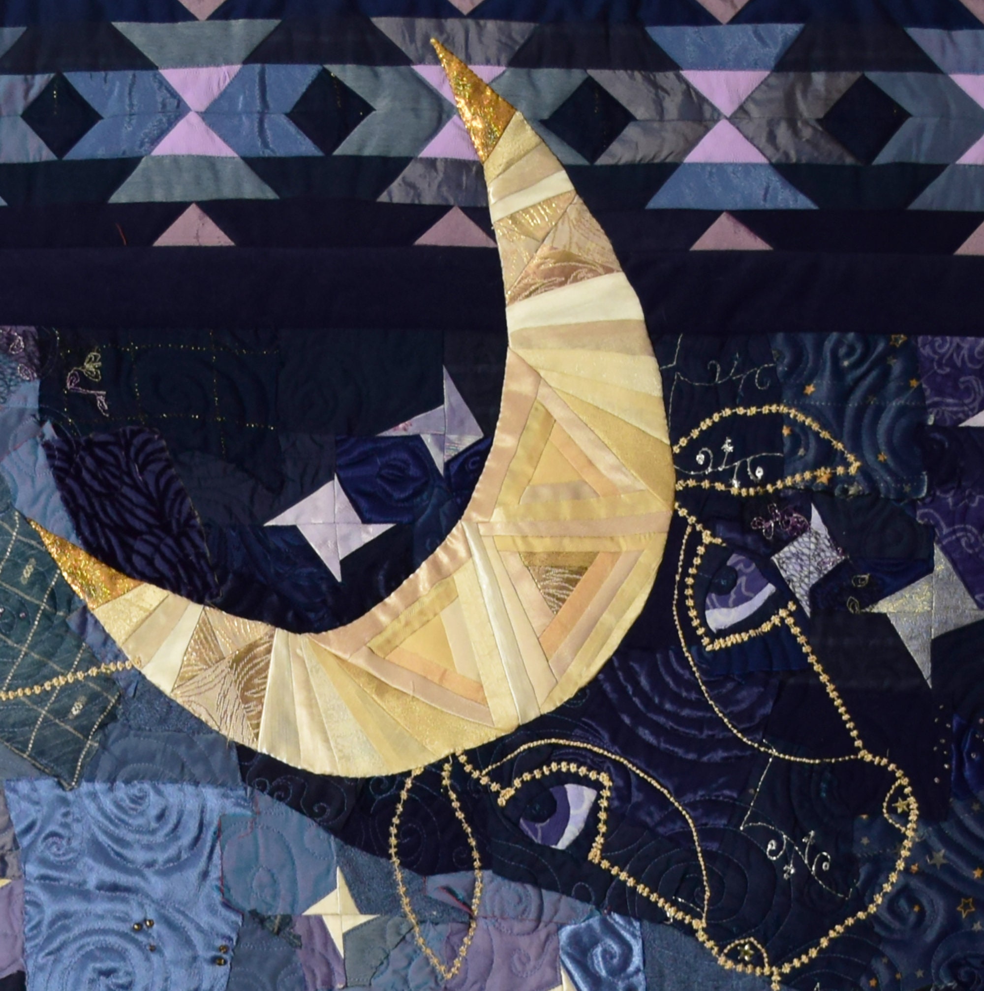 Very Large Ethnic Art Quilt With Moon and Golden Stars, Old Ukranian ...