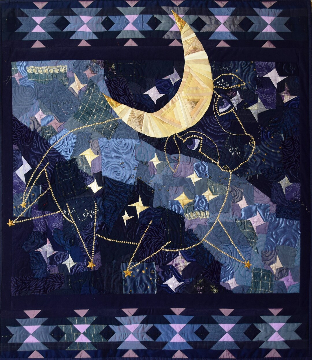 Very Large Ethnic Art Quilt With Moon and Golden Stars, Old Ukranian ...