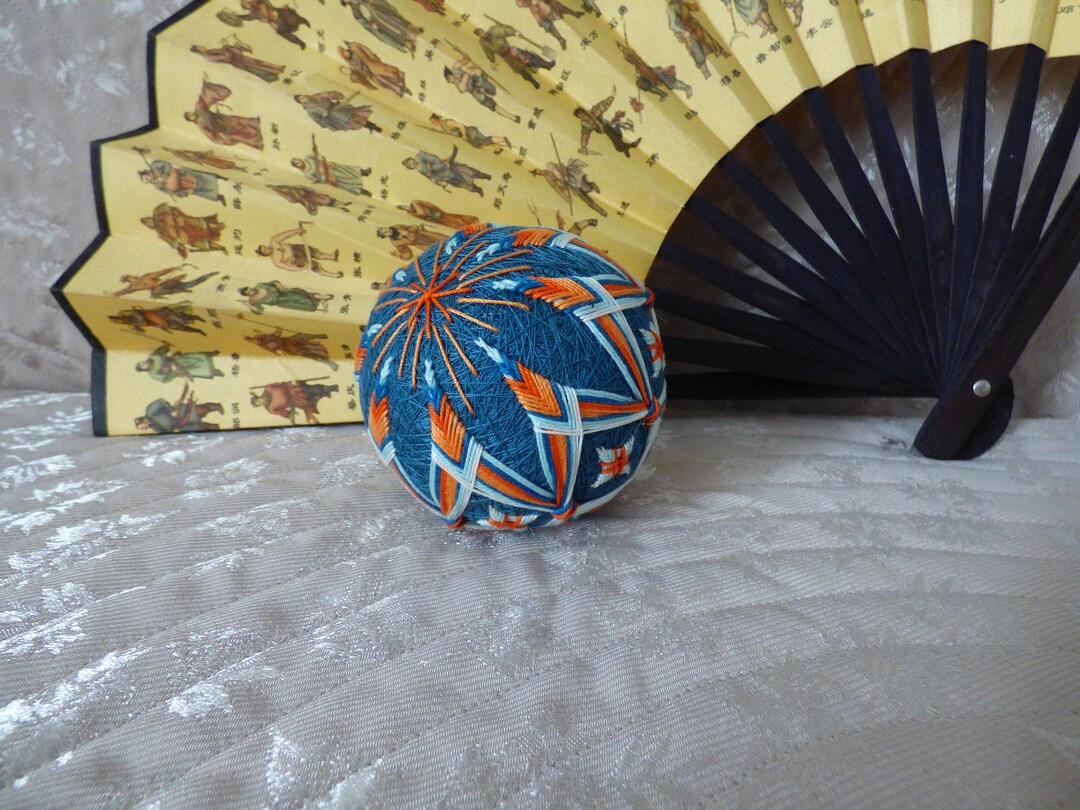 Hand Embroidered Temari Ball, Dark Turquoise & Orange, Japanese Fiber ...