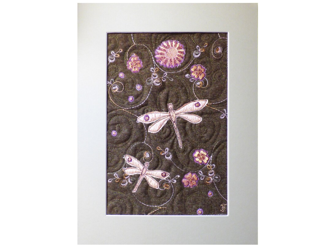Small Art Quilt in a Pas-partout,dragonflies in Meadow Grass Textile ...