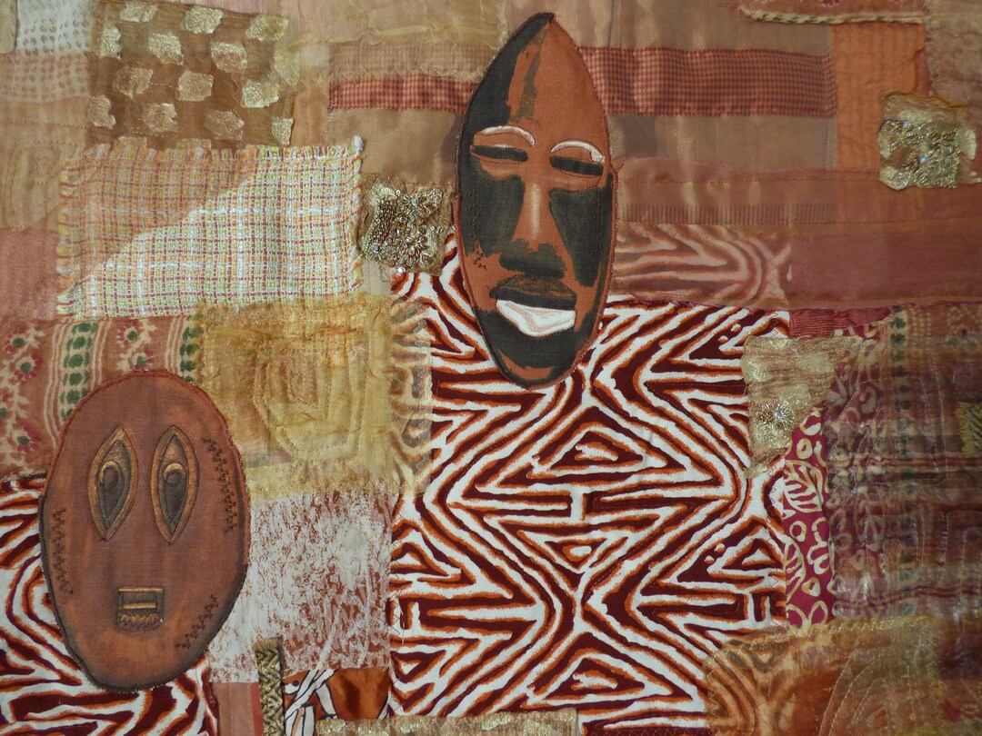 Ethnic Africa Masks and Drums Art Quilt, Abstract Quilted Wall Hanging ...