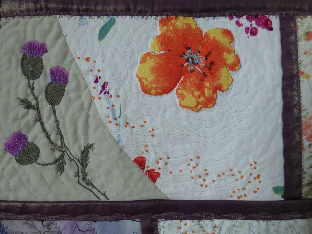 Large Vertical Floral Art Quilt, Oriental Handmade Embroidered and ...