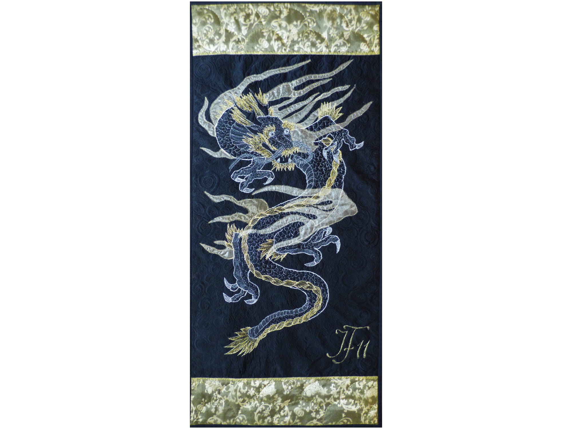 Large Ethnic Art Quilt With Flying Water Dragon, Gold Silver Black ...