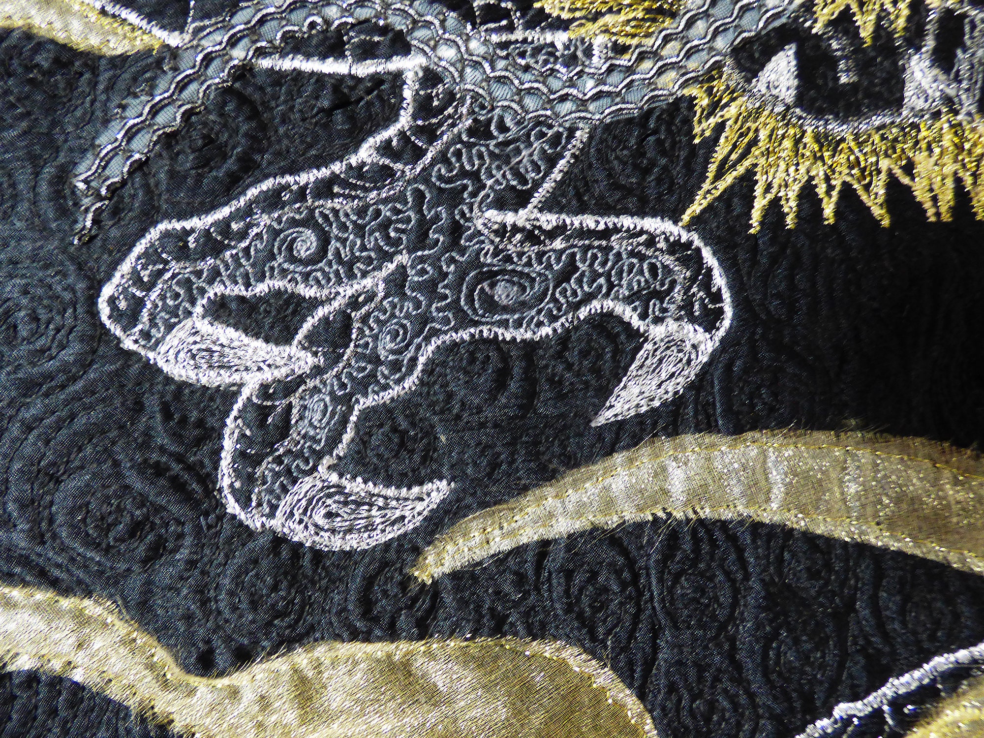Large Ethnic Art Quilt With Flying Water Dragon, Gold Silver Black ...