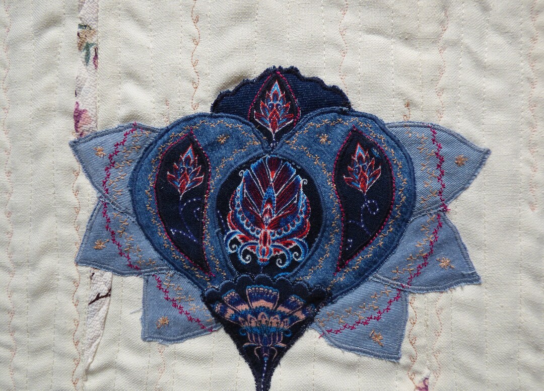 Ethnic Ukrainian Motive Denim Art Quilt, Middle Size Decorative White ...