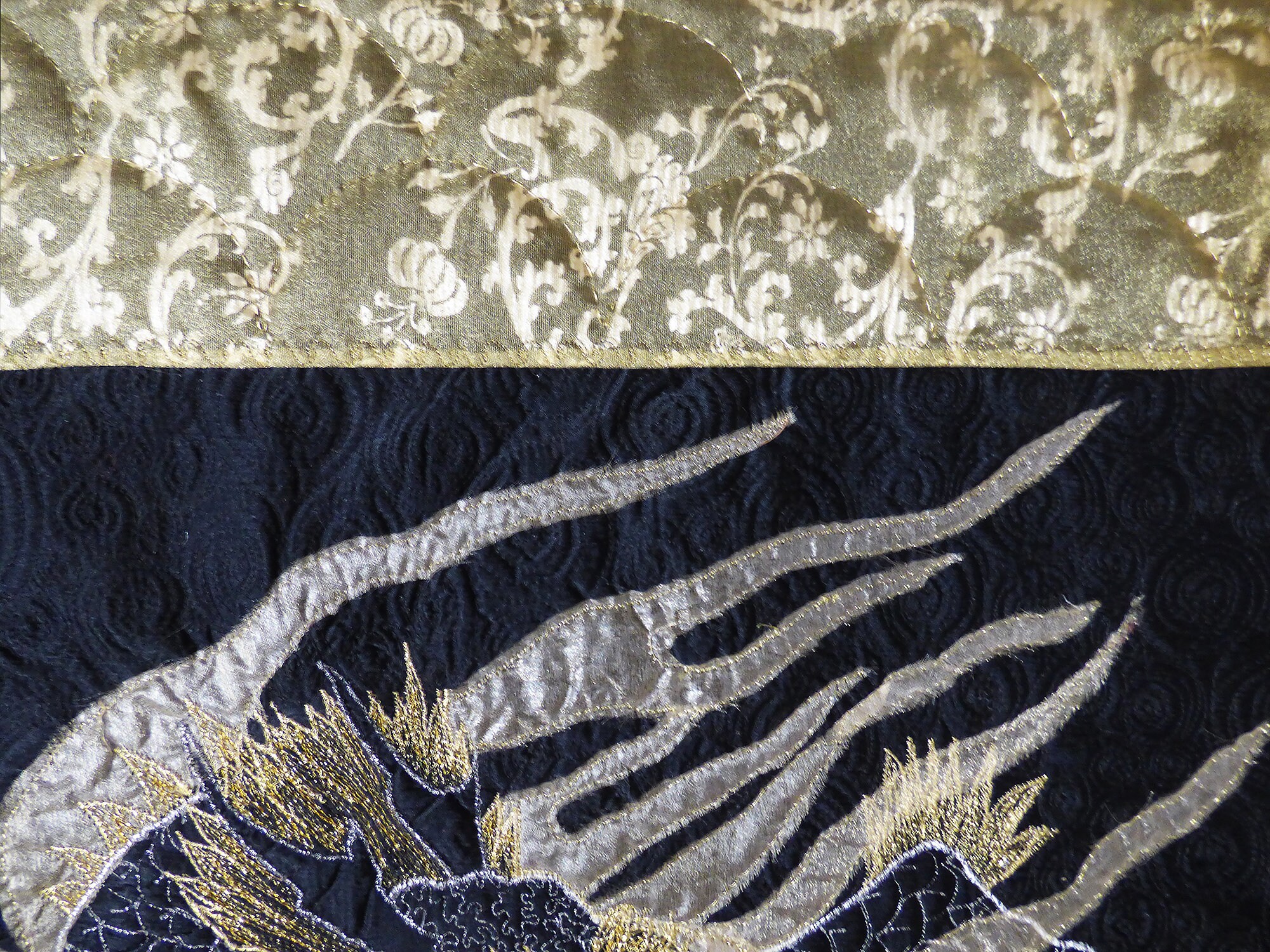 Large Ethnic Art Quilt With Flying Water Dragon, Gold Silver Black ...
