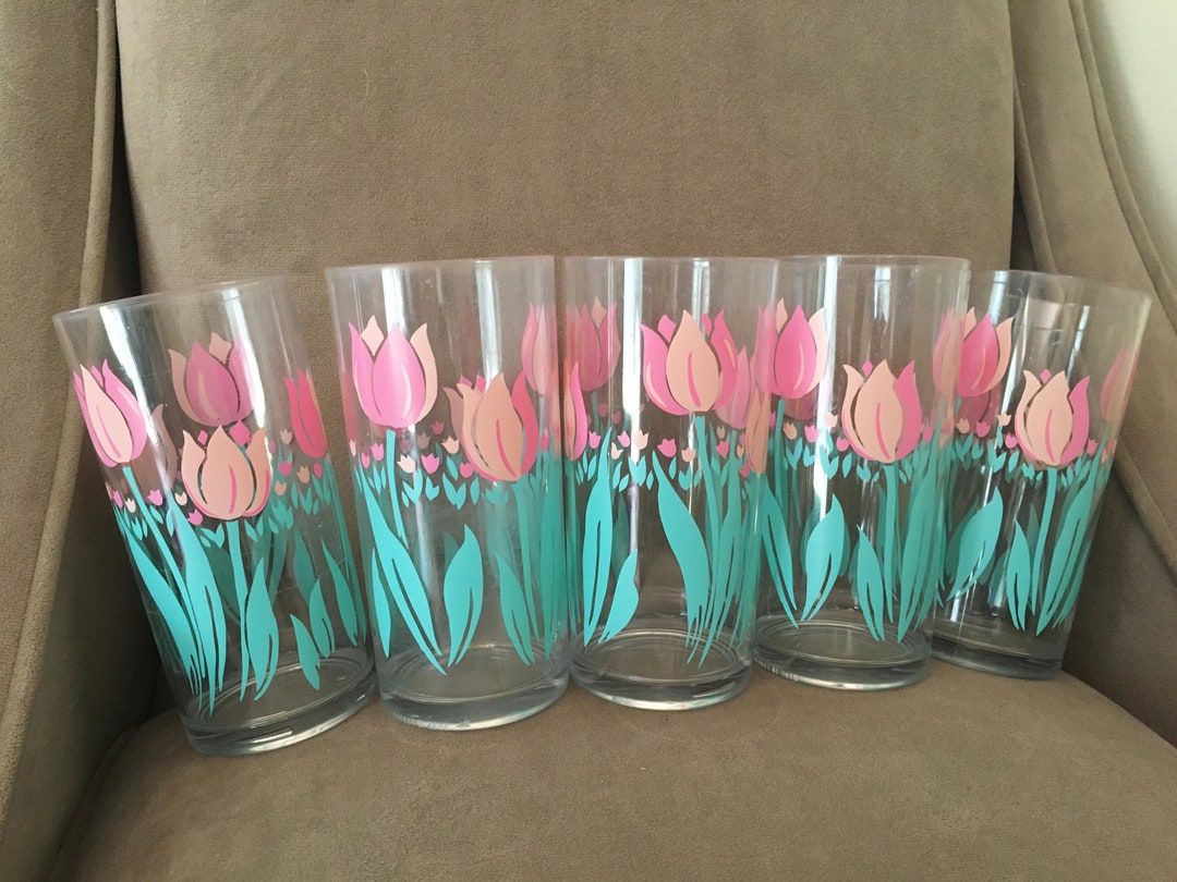 Set of 5 Vtg 80's/90's Acrylic Pink Tulip Floral Tall Iced Tea Glasses ...