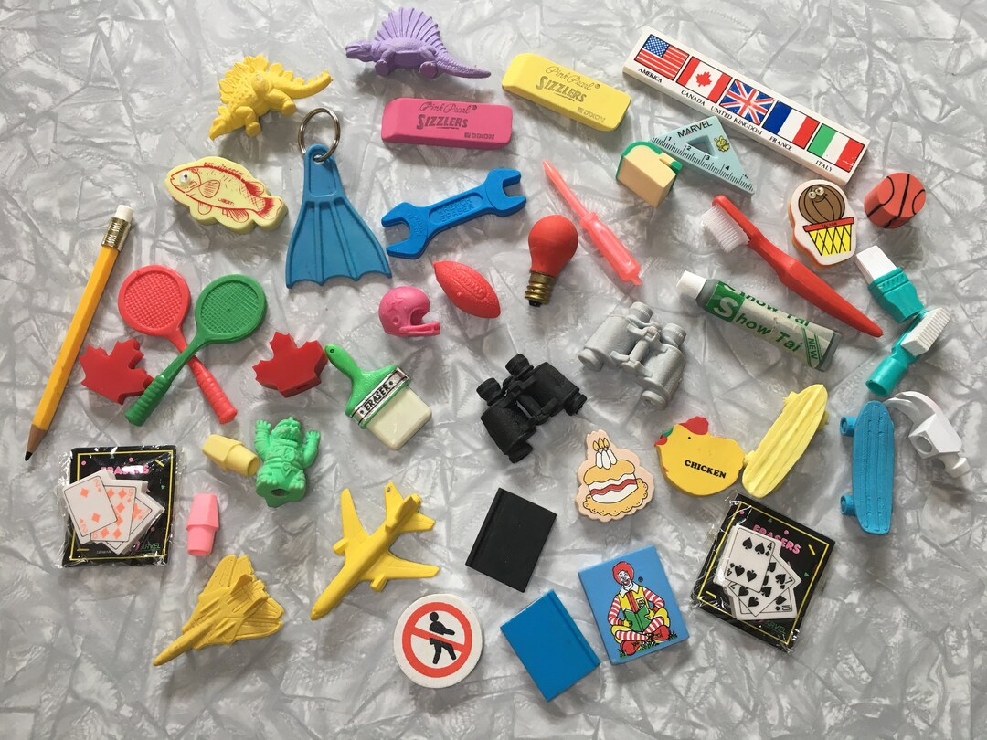 Vtg 80's/90's Lot of 45 Shaped 3D Erasers Printed/key Chain Rubber ...
