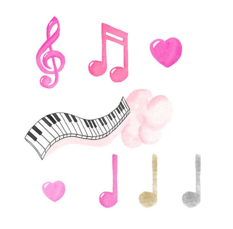 Notas musicales de acuarela rosa y brillante y conjunto de teclado de ...