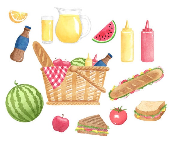 Watercolor Picnic Set Clip Art Summer Basket Watermelon - Etsy
