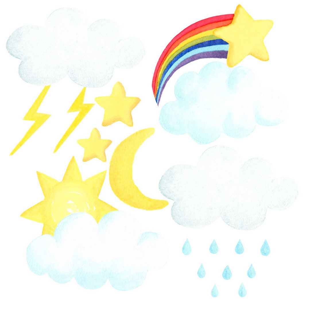 Watercolor Weather Set, Clip Art, Cloud, Rain, Rainbow, Sun, Moon ...