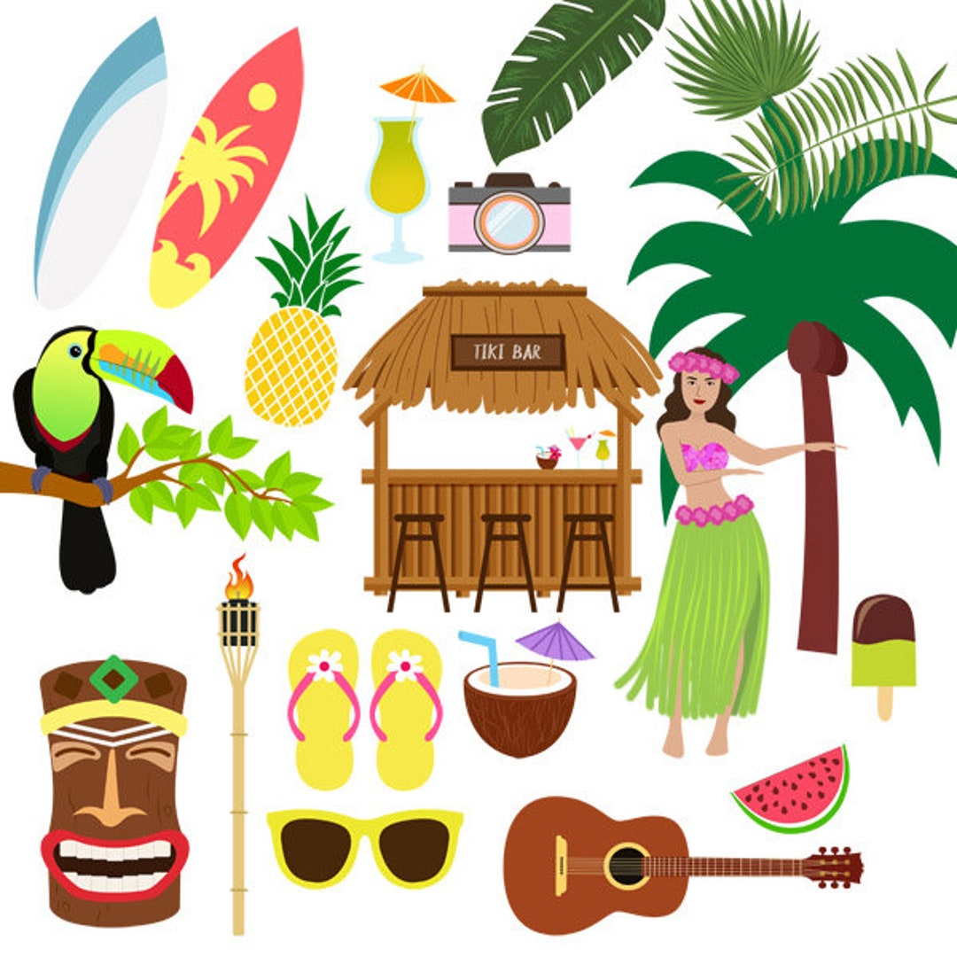 Luau Summer Set, Hawaii, Tiki Bar, Tropical, Totem Head, Surf Board ...