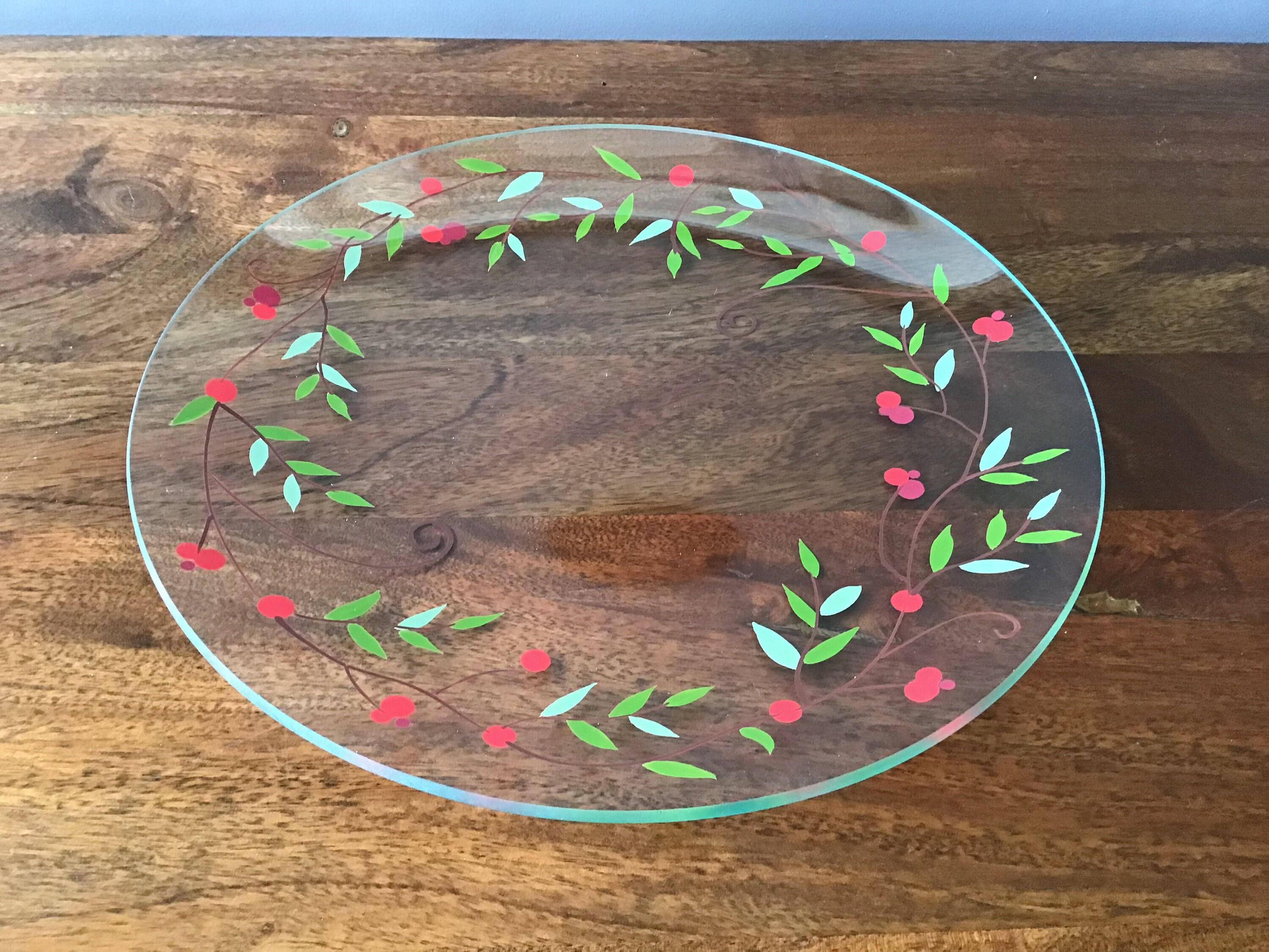 Retro Round Glass Holiday Platter With Painted Winterberry and Vine ...
