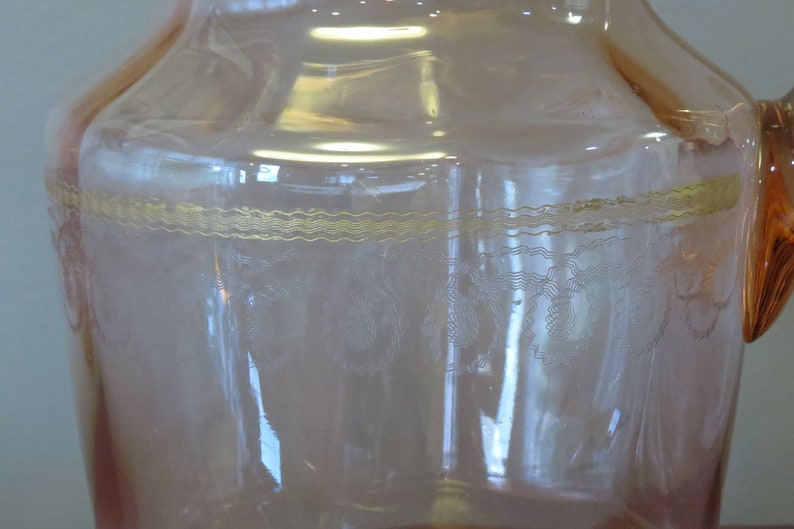 Large Pink Depression Glass Pitcher With Etched Scrolling Detail and ...